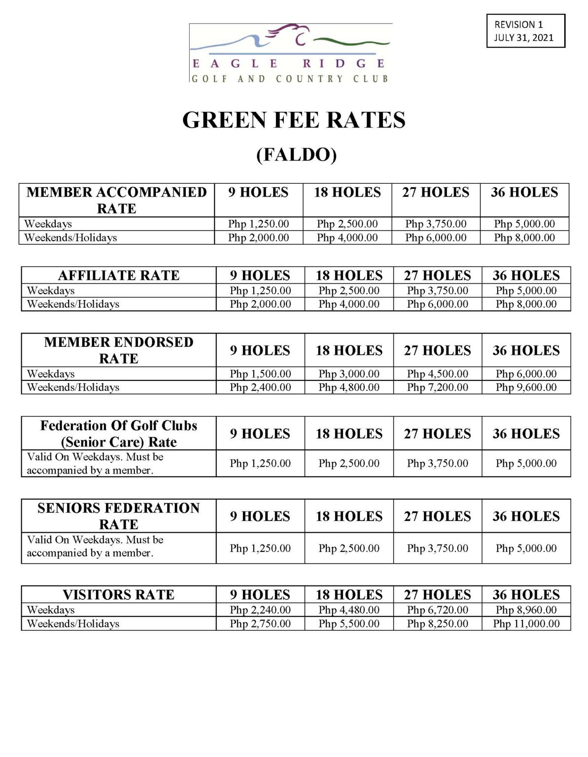 Golf Rates - Eagle Ridge