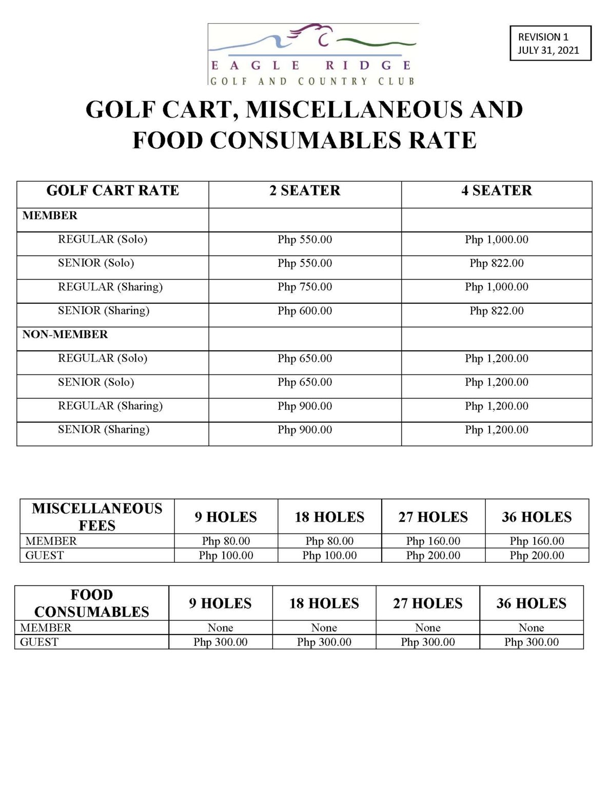 Golf Rates - Eagle Ridge