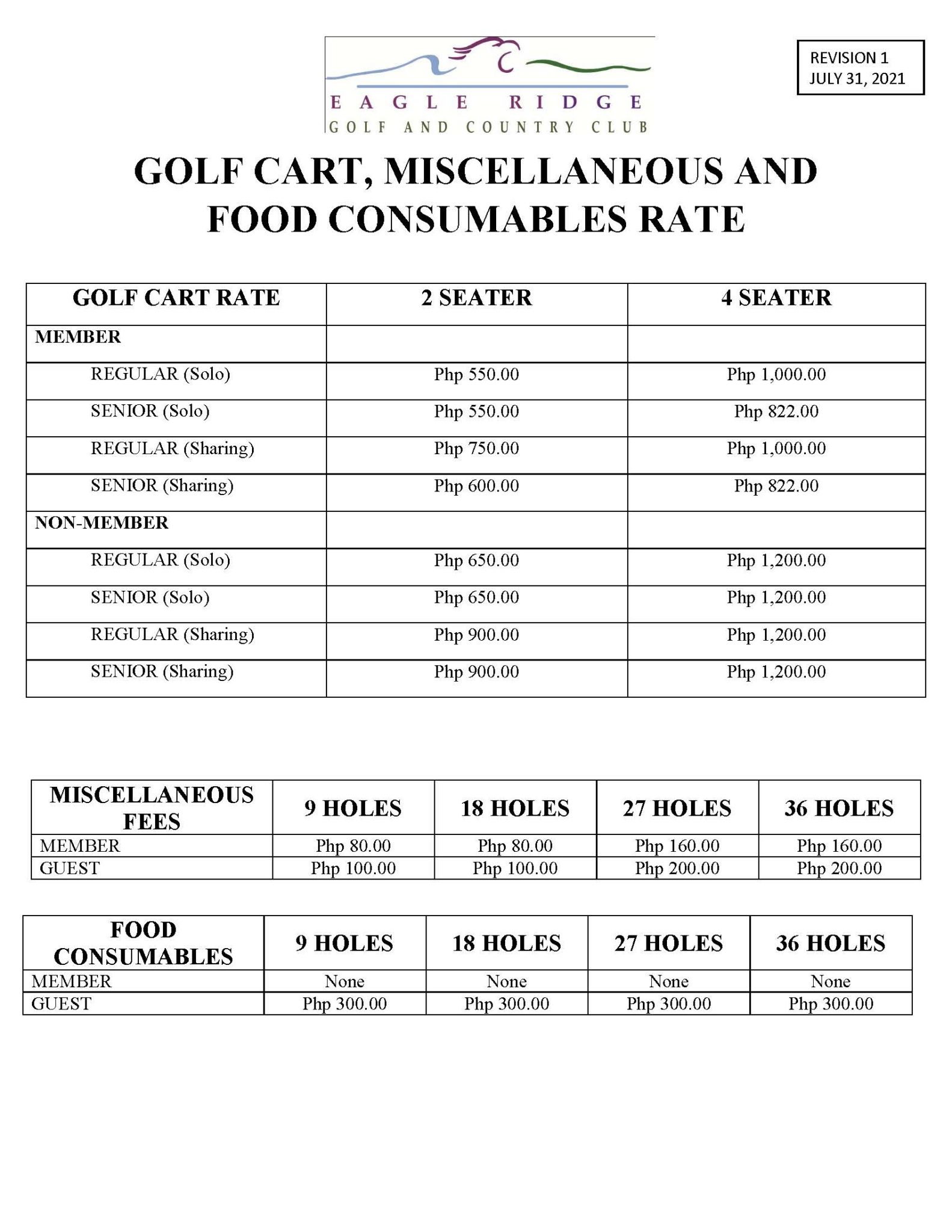 Golf Rates - Eagle Ridge