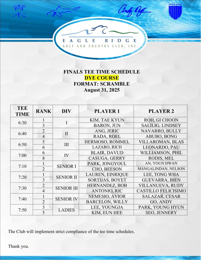 Pairs Club FInals Schedule - Eagle Ridge